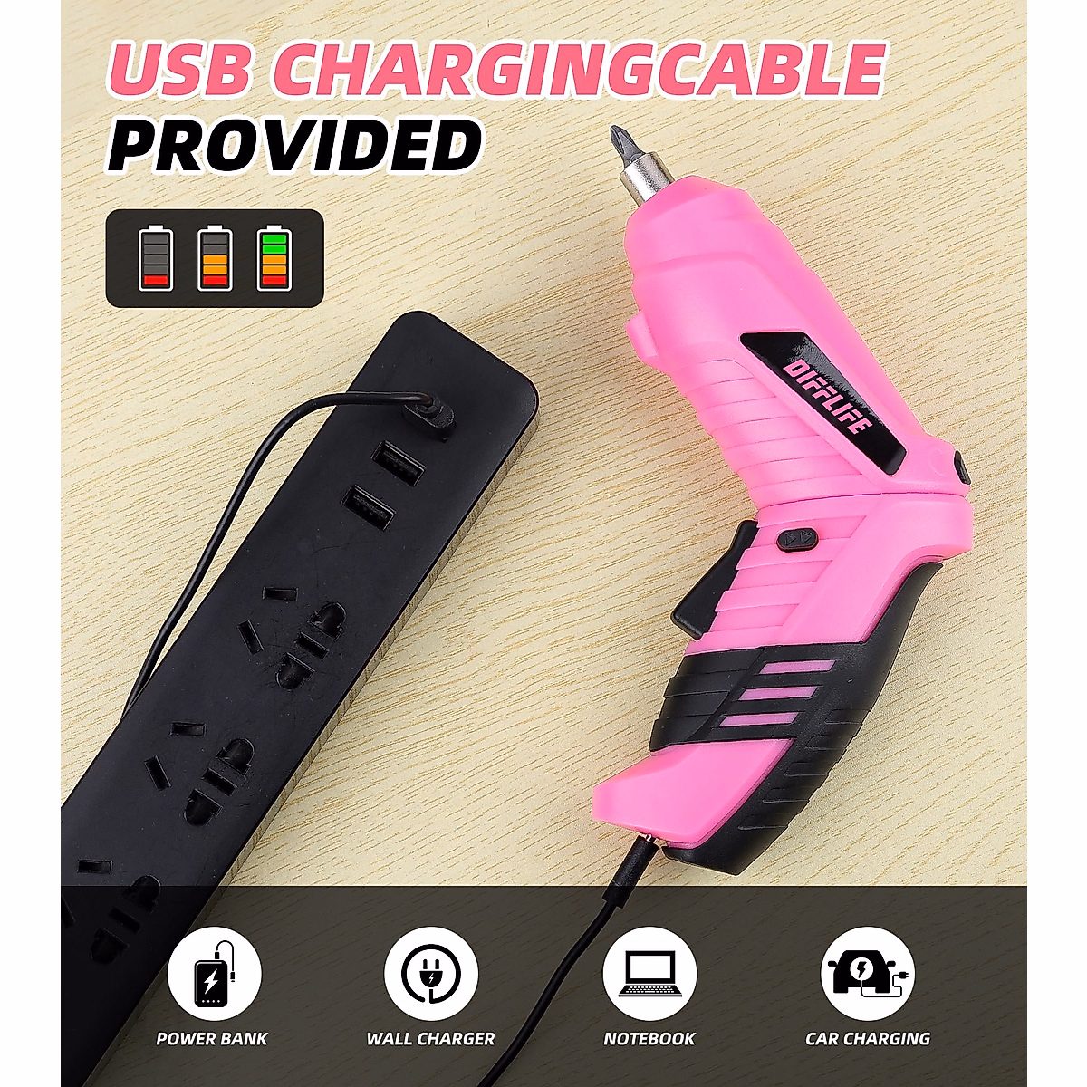DIFFLIFE 28PCS Pink Power 3.6V Cordless Electric Screwdriver Rechargeable Electronic Mini Automatic Gyroscopic Screw Gun Kit for Home - Pink Tools for Women