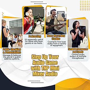 TNP Mini Mixer Audio - Compact 2 Channel Stereo Mixer, Black, Easy Control, Portable, Compatible with 6.35mm Dynamic Microphones & RCA Stereo Output