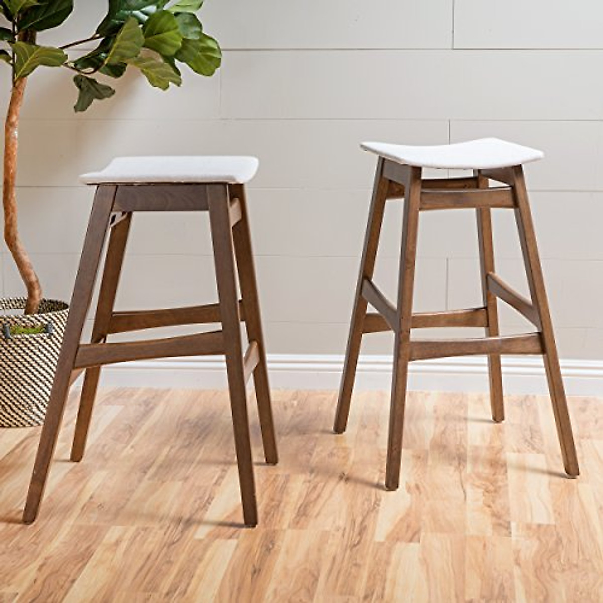 Christopher Knight Home Emmaline Fabric / Walnut Finish Bar Stools, 2-Pcs Set, Light Beige