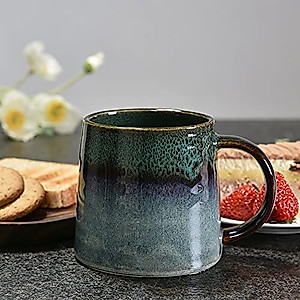 wewlink Large Ceramic Coffee Mug, Pottery Mug,Tea Cup for Office and Home,Handmade Pottery Coffee Mugs,16.5 Oz,Dishwasher and Microwave Safe,kiln altered glaze craft (Dark Green)