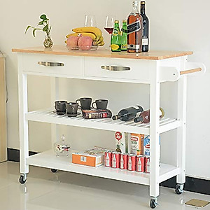 Livavege Kitchen Island Cart with Storage, 45" Rolling Cart Kitchen Islands Side Table on Wheels with Large Worktop, 2 Storage Drawers, Open Shelves and Towel Rack for Home Dining Room Living Room