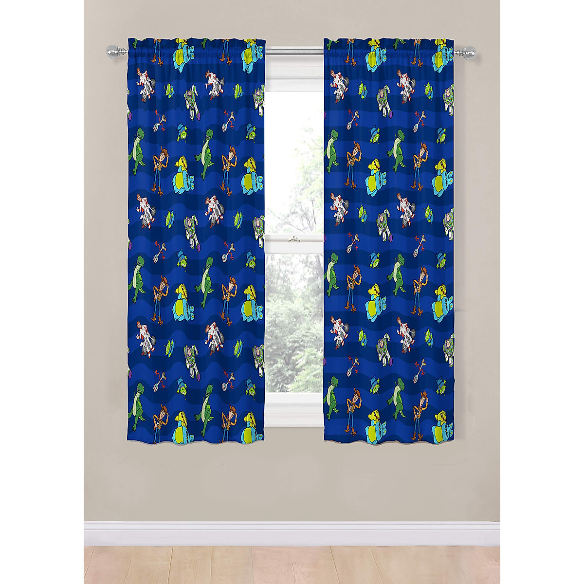 Jay Franco Kids Window Drapes - 4 Piece Curtain Set Includes 2 Tiebacks, Beautiful Bedding Room Décor and Easy Set Up, Blue - Toy Story, 63 Inch
