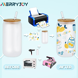 MerryJoy 4 PACK Sublimation Glass Blanks With Bamboo Lid,16 OZ Frosted Glass Cups With Lids And Straws,Sublimation Glass Can,Sublimation Glass Blanks For Iced Coffee,Juice,Soda,Drinks,Beer