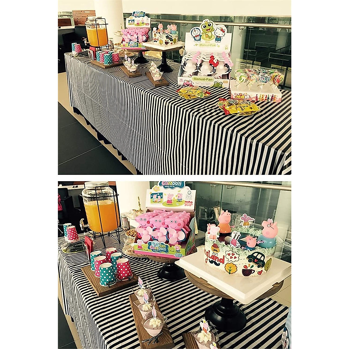 2 Pcs Disposable Black White Stripe Plastic Tablecloth, 108 Inch x 54 Inch Ractangle Tablecover, for Party, Dance and Picnic (2pcs- Black White Stripe)