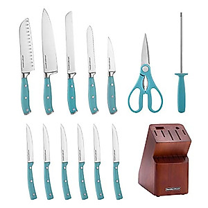 Hamilton Beach 14-Piece Kitchen Knife Cutlery Set, Aqua Blue Handles, Sharp Stainless Steel, Wood Block with Chef's, Santoku, Bread, Steak, Paring, Utility Knives, and Scissors