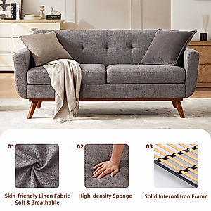 Kingfun 65.2" W Loveseat Sofa, Mid Century Modern Decor Love Seat Couches for Living Room, Button Tufted Upholstered Furniture, Solid & Easy to Install Small Couch for Bedroom Office Apartment, Grey