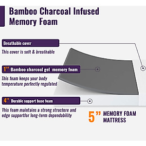 PayLessHere 5 Inch Queen Memory Foam Mattress/Cooling Gel Bamboo Charcoal Infused Mattress/Medium Firm Mattresses/CertiPUR-US Certified/Bed-in-a-Box/Pressure Relieving Queen Size,White