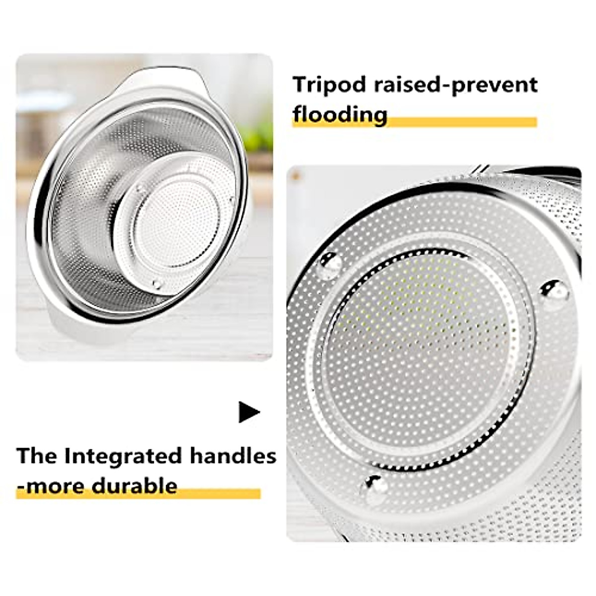 POJORY 3 Piece 304 Stainless Steel 2-3-3.5 Quart Colander Set with Handle, Micro-Perforated Strainers and Colanders, Great for Pasta, Noodles, Vegetables and Fruits, BPA Free