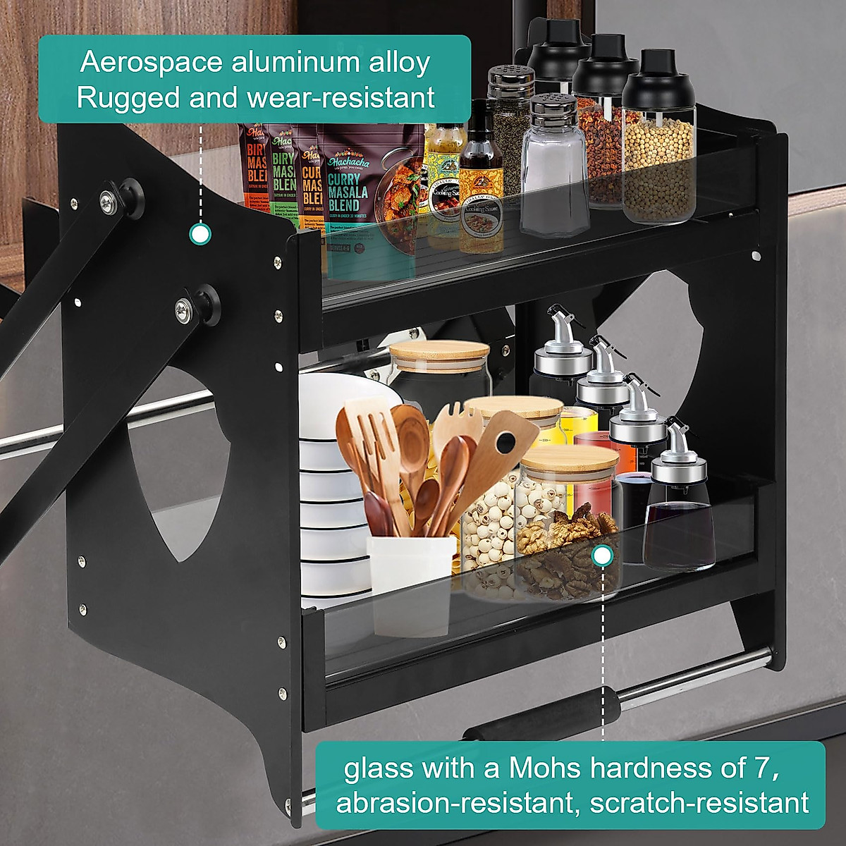 Ebusin 24 Inch Pull Down Cabinet Organizer - 2 Tier Kitchen Cabinet Pull Down Shelf for Space-Saving Convenience. Ideal Spice Rack Organizer for Kitchen Cabinets.