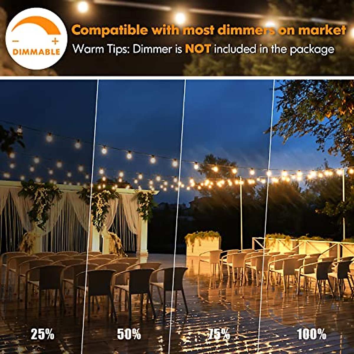 2-Pack 96FT(48×2) Outdoor String Lights for Patio with Waterproof Shatterproof Dimmable 2700K E12 LED Filament Bulbs, Linkable Commercial Grade Black Hanging String Lights for Garden Porch Backyard