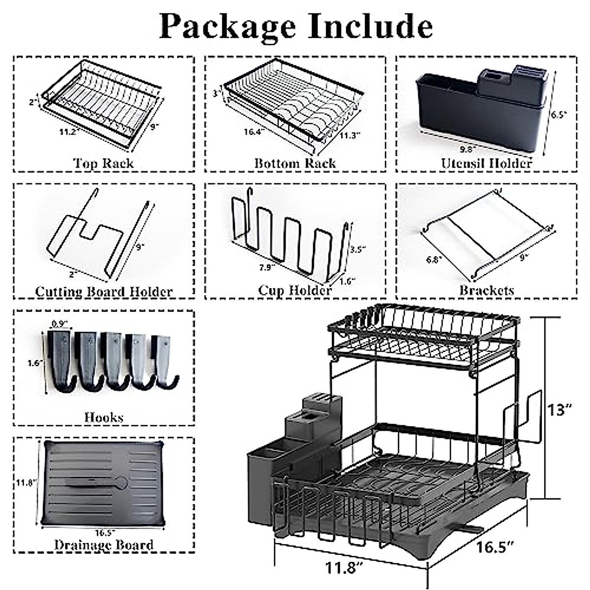 Iwaiting Outdoor Dish Drying Rack, 2 Tier Dish Dryer Rack for More Space Saving, Large Dish Rack with Sink Drainer, Durable Metal Dishrack Set, Dish Racks for Kitchen Counter Black
