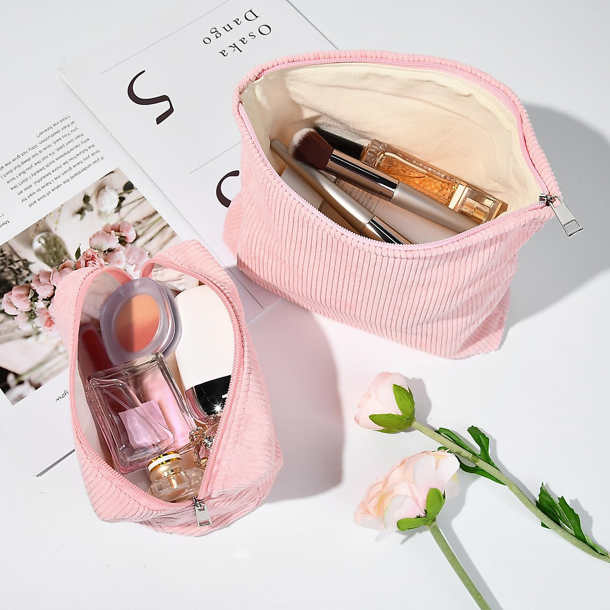 SOIDRAM 2 Pieces Makeup Bag Large Corduroy Cosmetic Bag Capacity Canvas Mix Travel Toiletry Bag Organizer Cute Makeup Brushes Aesthetic Accessories Storage Bag for Women, Corduroy Mix Pink