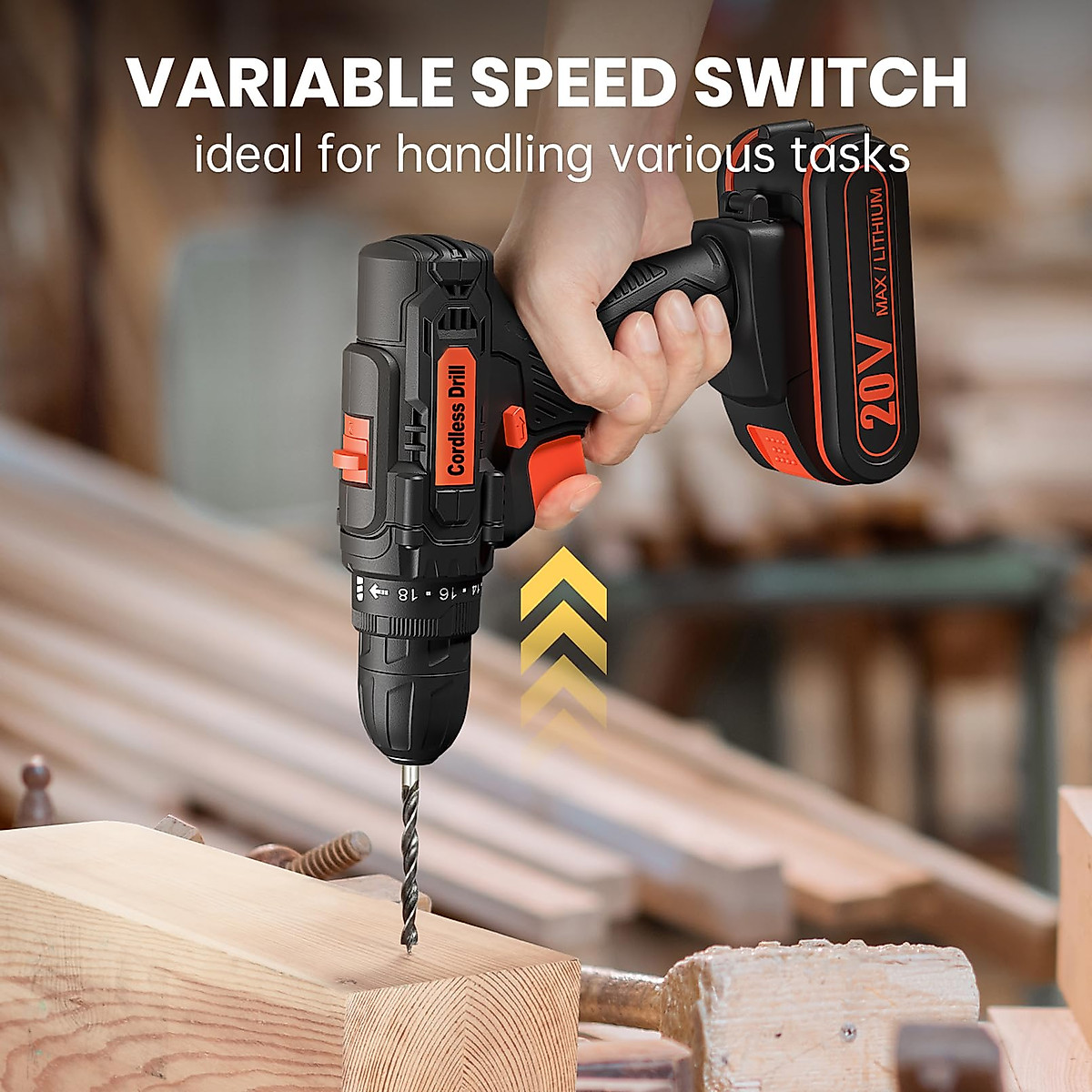 Cordless Drill 20V, Drill Set with 42pcs Accessories and Battery 2.0Ah, Electric Drill 25+1 Torque Setting, 2 Speed, 3/8" Keyless Chuck, LED Light, Electric Power Drill for Home DIY and Garden Repair