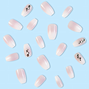 Medium Coffin Nails Press on Glossy Pink White Fake Nails Summer Nail Art Decorations Full Cover Glitter Rhinestone Acrylic Nails Exquisite Design Stick on Nails for Women Girls 24Pcs