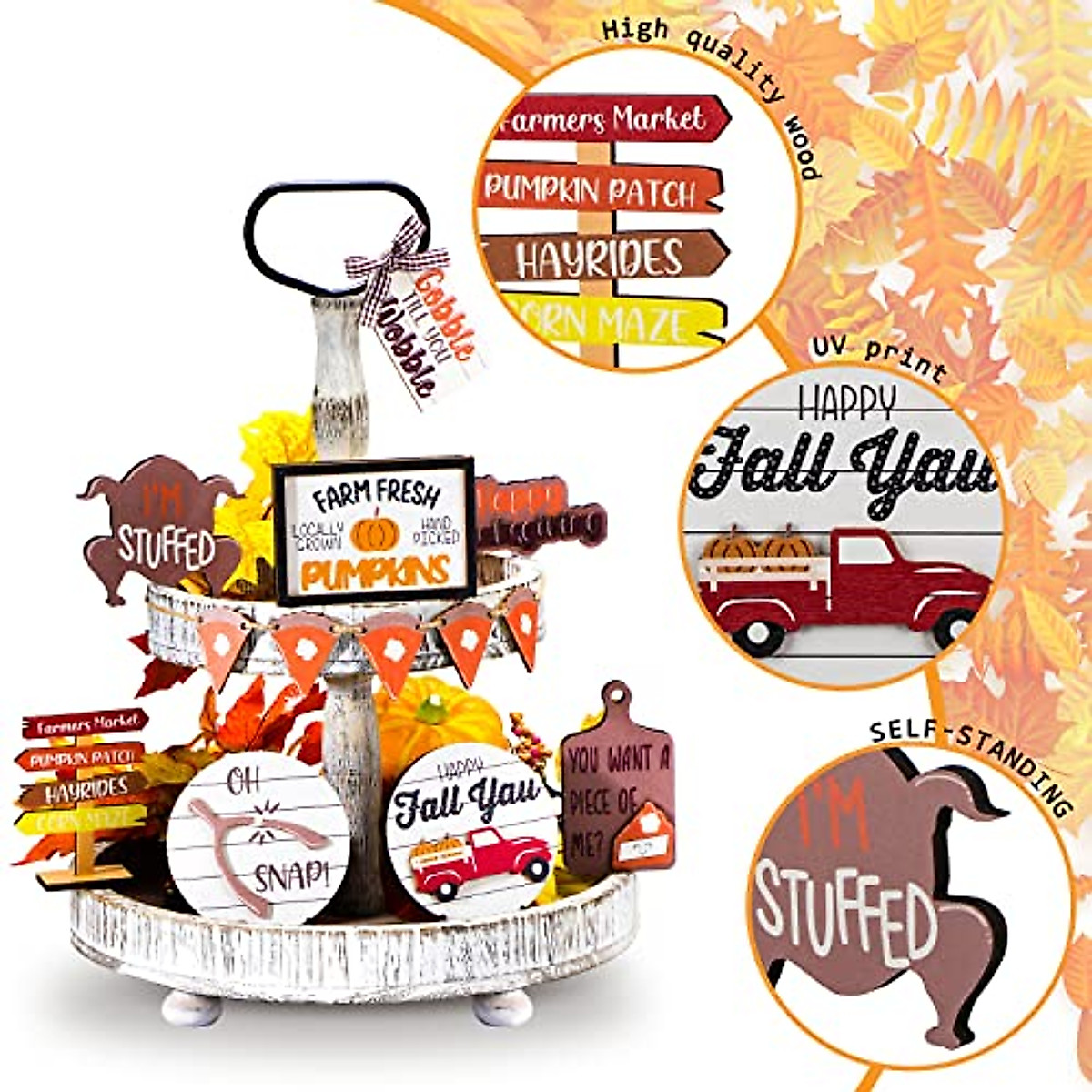 Fairysandy Fall Tiered Tray Decor Set Autumn Pumpkin Farmhouse Wood Table Sign Rustic Party Tiered Tray Decorations for Home Thanksgiving Kitchen Bathroom Table Shelf Centerpiece