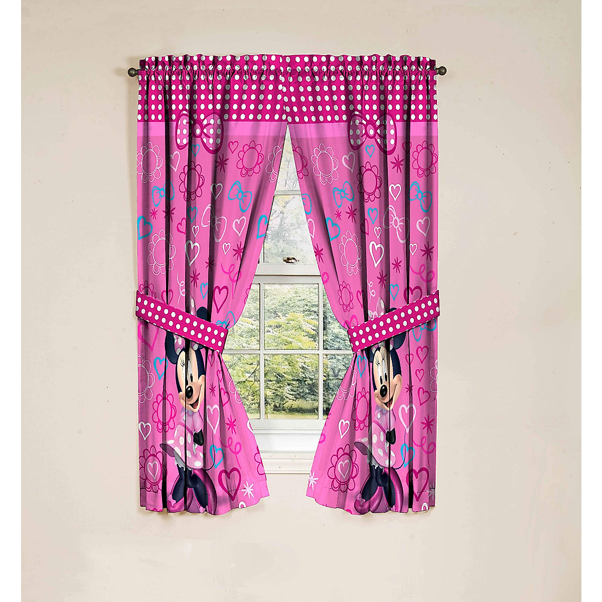 Jay Franco Kids Window Drapes - 4 Piece Curtain Set Includes 2 Tiebacks, Beautiful Bedding Room Décor and Easy Set Up, Pink - Minnie Mouse, 63 Inch