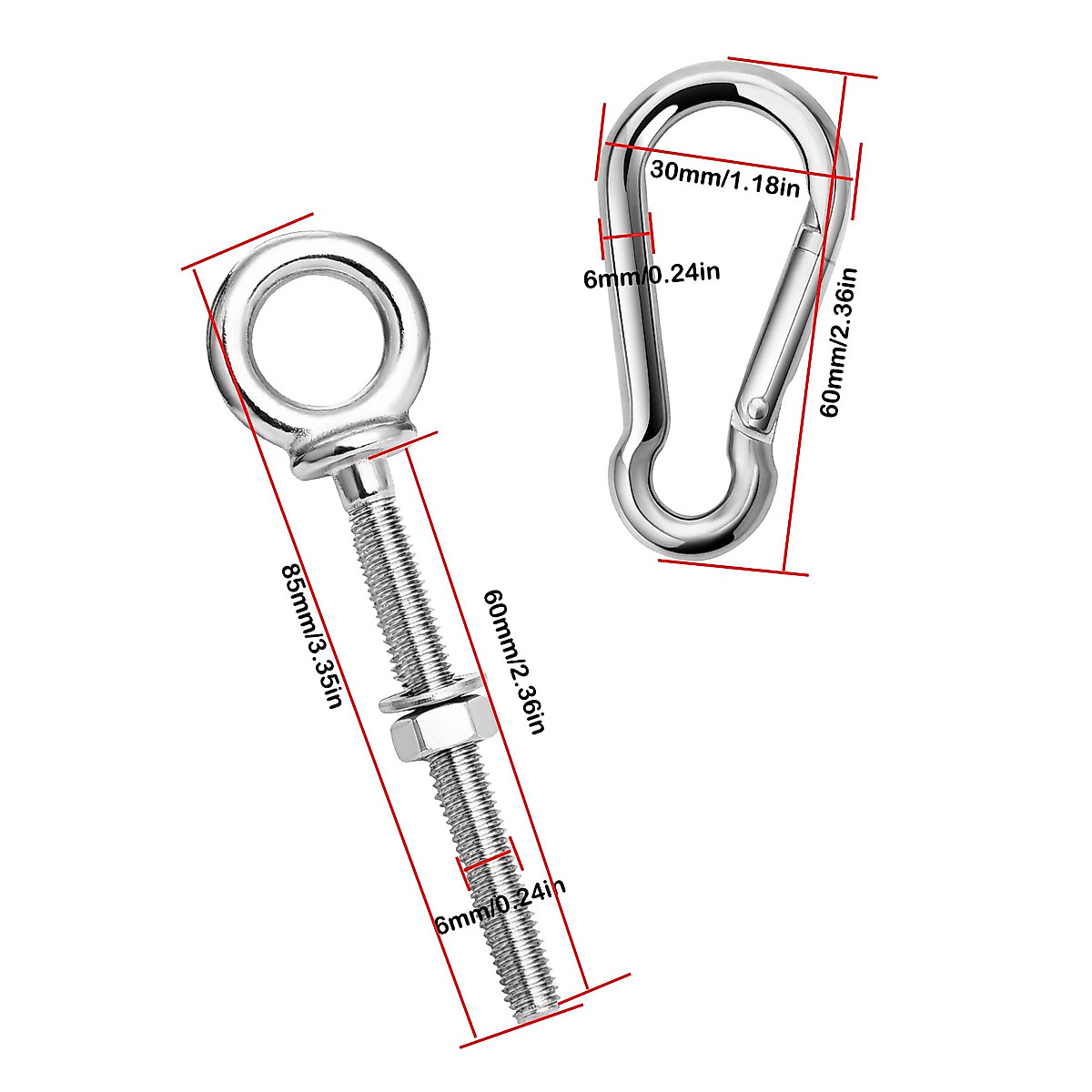 Abimars Lifting Shoulder Eye Bolt M6 with Nuts and Spring Snap Hook, 4 Pcs 316 Stainless Steel Eyebolts for Hanging Items