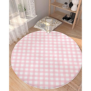 Pink Lattice Fluffy Round Area Rug Carpets 3ft, Plush Shaggy Carpet Soft Circular Rugs, Non-Slip Fuzzy Accent Floor Mat for Living Room Bedroom Nursery Home Decor Farmhouse Buffalo Plaid Checkered