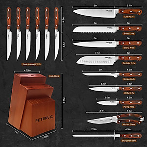 FETERVIC Knife Set -16 PCS High Carbon Kitchen Knife Sets Wooden Block with Chef Knife, 6 Pieces Steak Knives, Bread Knife, Sharpener Rod and Kitchen Scissors - Best Gift