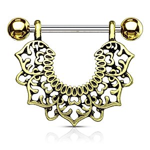 Covet Jewelry Filigree Flower Dangle 316L Surgical Steel Nipple Rings (Gold)