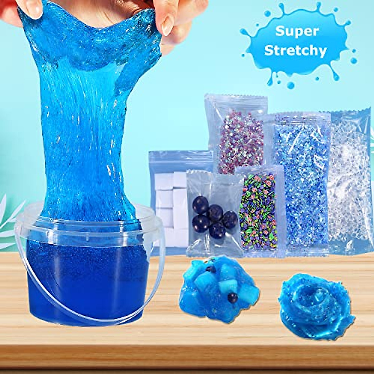 Premade Crystal Slime Blueberry Blue Jelly Cube Glimmer Crunchy Slime, Includes 6 Sets of Slime Add-ins, Party Favors for Kids, Sensory and Tactile Stimulation, Stress Relief, for Girls & Boys