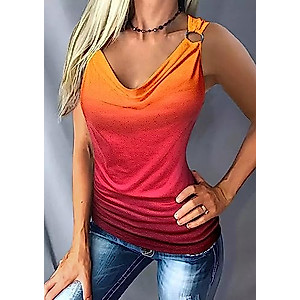 TAIUICY Womens Gradient Ruched Hollow Out Cowl Neck Tank Tops Sexy Cowl V Neck Draped Sleeveless Stretchy Blouse(M,Orange)