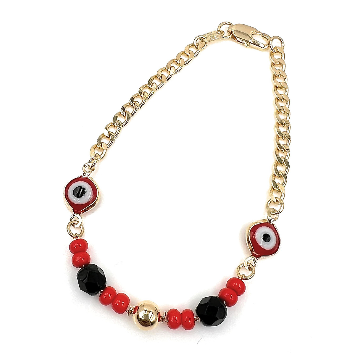 LESLIE BOULES Red Evil Eye Beads Bracelet 18K Gold Plated Chain Charm Azabache