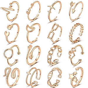 ZOERAY 16 Pcs Adjustable Rings for Teen Girls Arrow Knot Heart Wave Rings Knuckle Stacking Rings for Women Open Rings Set