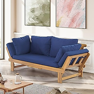 Yewuli Wooden Outdoor Futon Sofa, Couch with Adjustable Armrest,Convertible Outdoor Sofa Daybed with Expandable Plate,Acacia Wood Expandable Sofa with Cushions and Pillows for Backyard, Balcony,Patio