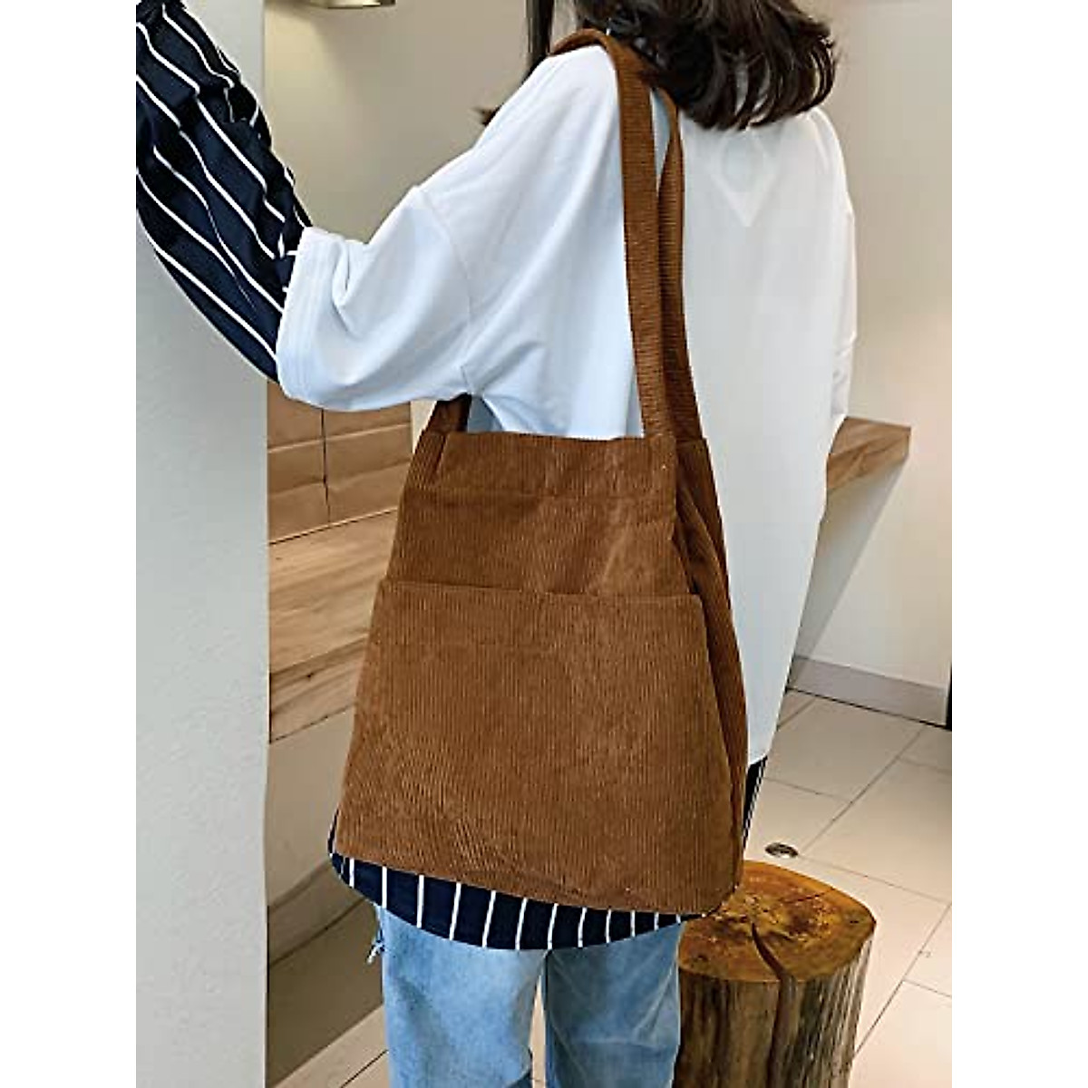 WDIRARA Women's Corduroy Hobo Bags Shopper Tote Bag Side Pocket Shoulder Handbags Brown one-size