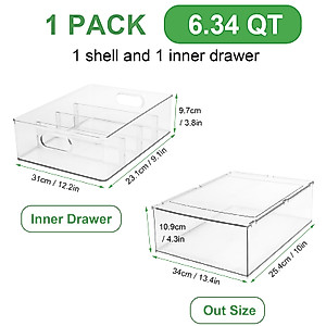 Decorelement Extra Large Refrigerator Organizer Bins with Pull-out Drawer, Stackable Clear Bins with 3 Dividers, Pantry Organization and Food Storage