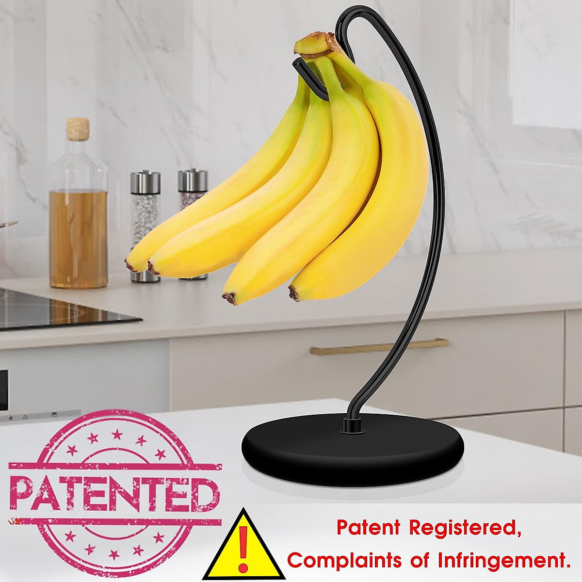 Niceyos Banana Holder Stand - Newest Patented Modern Banana Hanger with Wood Base Stainless Steel Banana Tree Hook Rack for Kitchen Countertop (Full Black)