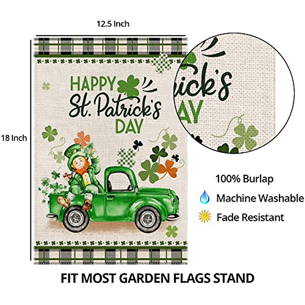 EKOREST Happy St Patrick's Day Garden Flag 12x18 Inch Vertical Double Sided Buffalo Plaid St. Patricks Truck with Leprechaun Shamrock Small Yard Flag for Outdoor Farmhouse Holiday Decoration