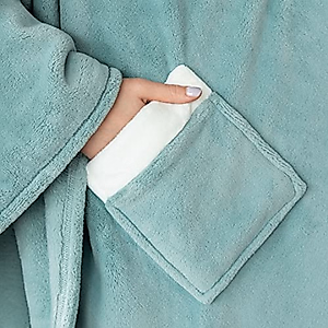 Kingole Flannel Fleece Wearable Blanket with Sleeves for Adults, Soft Plush Cozy Throw Blanket with Pockets for Men and Women, Warm Wrap Blanket for Sofa Lounge Home Office, Machine Washable, Celadon