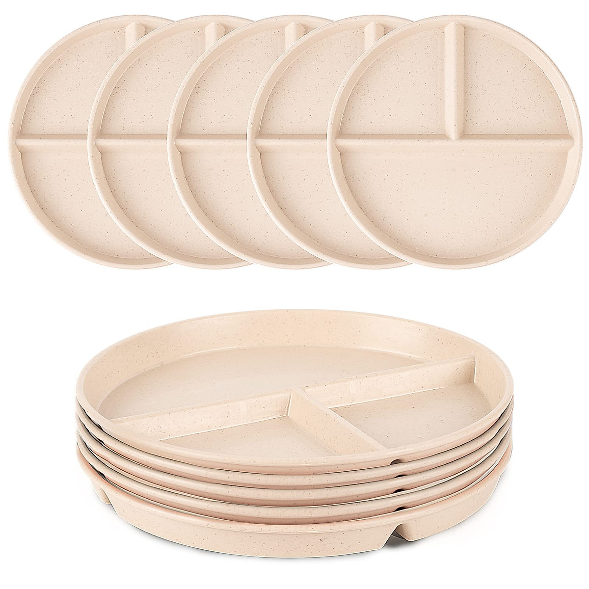9-Inch Wheat Portion Control Plate, 5-Piece Unbreakable Plastic Adult Portioning Plate, Dishwasher Safe/Reusable, 3 Sections Of Round Kids Separate Plates For Healthy Eating And Weight Loss (Beige)