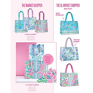 Lilly Pulitzer Blue/Green Market Shopper Bag, Reusable Grocery Tote with Comfortable Shoulder Straps, Aqua La Vista