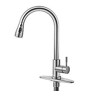 Kitchen Faucet with Pull Down Sprayer and Deck Plate Modern Single Handle 360°Swivel High Arc Brushed Nickel Sink Faucet Stainless Steel Kitchen Sink Tap, 3-Modes Spray