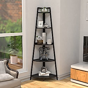 WTZ Corner Shelf, 5 Tier Bookshelf, 70.8 Inch Tall Bookcase, Open Ladder Book Case, Modern Bamboo Corner Storage Bookshelf Stand in Living Room, Bedroom, Office, Kitchen, Black
