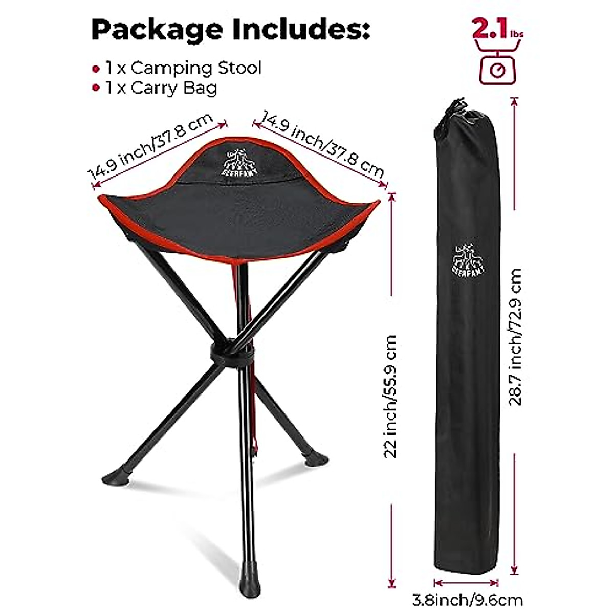 DEERFAMY Folding Camping Tripod Stools, Portable 3 Legs Tall Slacker Chair Tripod Seat for Outdoor Hiking Hunting Fishing Picnic Travel Beach BBQ Garden Lawn with Storage Bag, Red