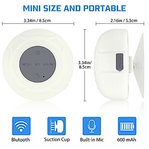 Bluetooth Shower Speaker Waterproof Portable Wireless Water-Resistant Speaker Suction Cup Built-in Mic Gifts for Kids Speakerphone for iPhone Phone Tablet Home Bathroom Kitchen Outdoors - White