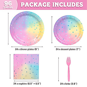 DECORLIFE Pastel Plates and Napkins Party Supplies Serve 24, Rainbow Birthday Plates and Napkins, Girls Baby Shower, Birthday BBQ, Folks Included, Total 96PCS