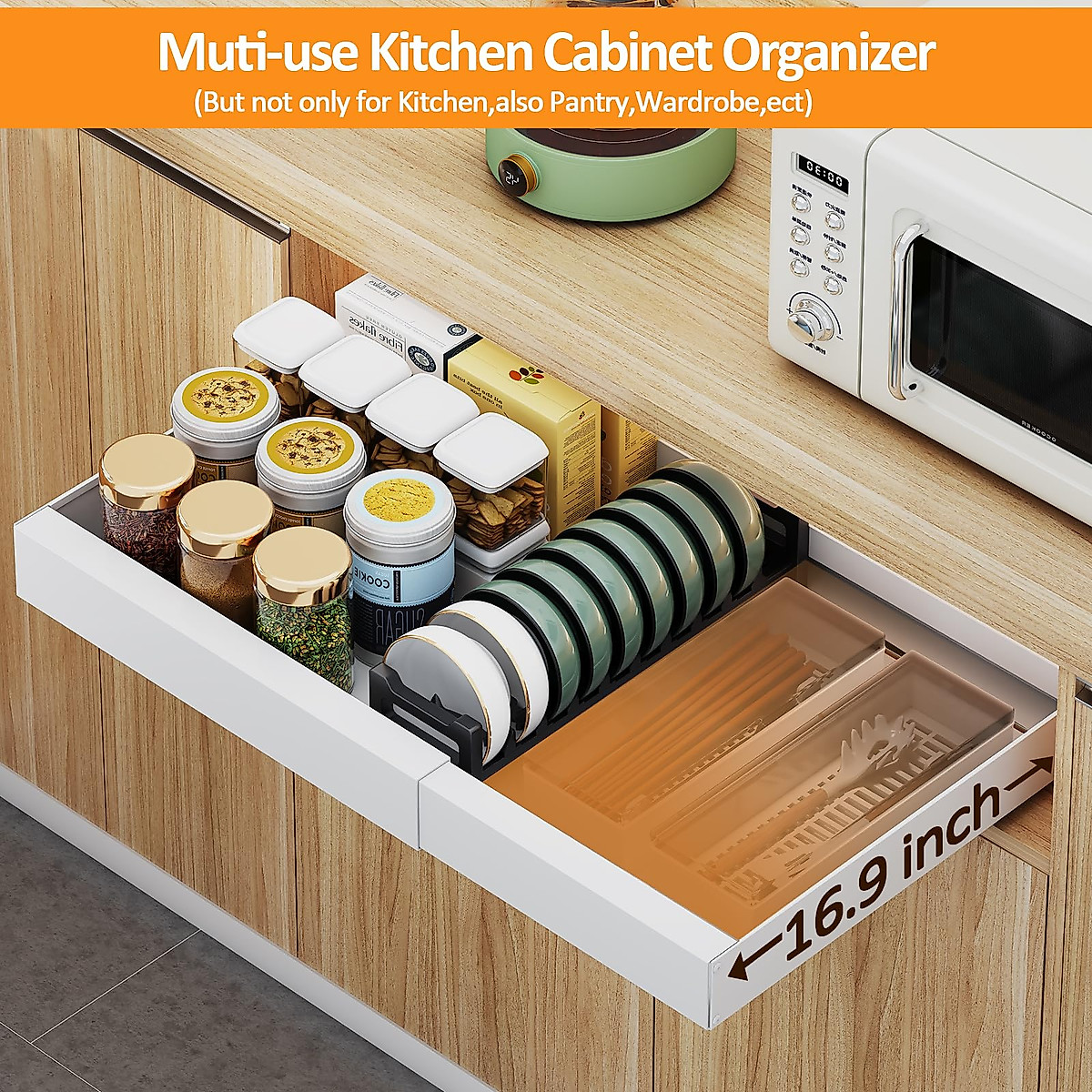 SJTOEB Expanded Pull Out Cabinet Organizer, Pull Out Drawers for cabinets with Adhesive Film, Slide Out Drawers for Kitchen cabinets (Expandable11.7-17.8" W x 16.9" D x 2.76" H) (White, 16.9" Depth)