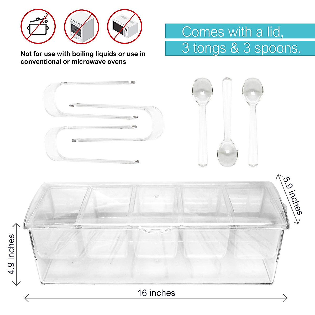 7Penn Condiment Tray with Ice Chamber, 5 Condiment Containers, Lid, 3 Tongs, 3 Spoons - Chilled Condiment Server Caddy