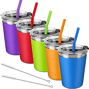 Kids Cups with Lids and Straws, 12oz Spill Proof Drinking Cups Stainless Steel Sippy Cups for Baby, Kids Tumblers with Straws and Lids Toddler Insulated Smoothie Cups Mugs for School, Outdoor, 5 Pack