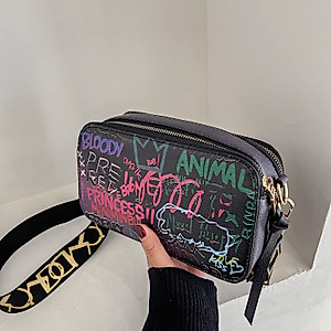 OXYPLAY PU Leather Graffiti Square Bag, Large-capacity Tassel Bag, Shoulder Messenger Bag, Double Zipper Adjustable Wallet (Black)