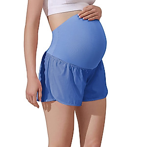 Maacie Women Maternity Layered Fast Drying Yoga Shorts with Liner Inner Pocket Hydrangea Blue