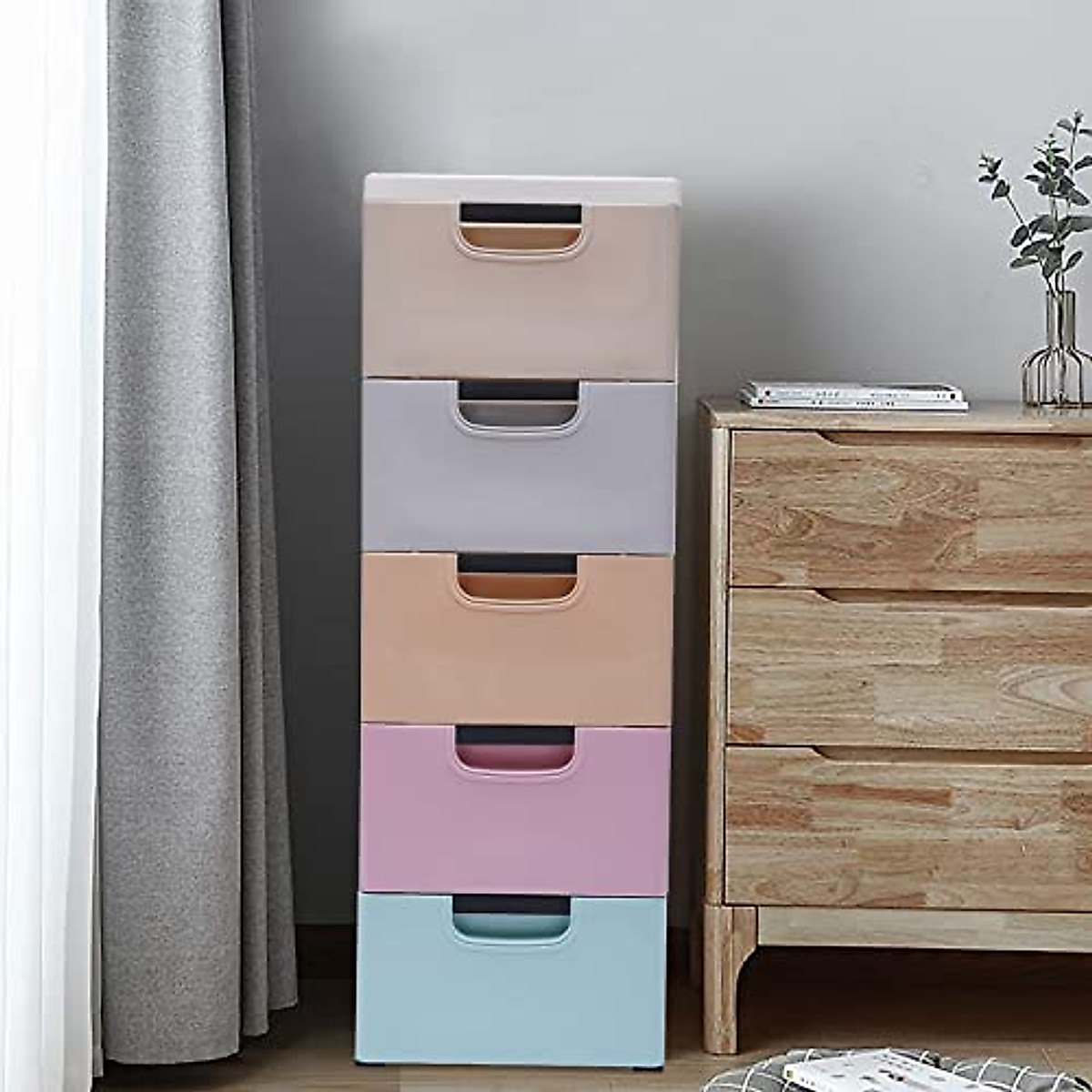Gdrasuya10 Plastic Storage Cabinet with Wheels, 5 Drawers 33 Inch Tall Kids' Dresser Organizer for Clothes, Children's Room Bedroom Furniture (Colorful)