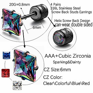 Hopply 4 Pairs Titanium Screw Back Surgical Stainless Steel Earrings for Women Men,Rainbow 5A Cubic Zirconia Studs Double Side Earrings Piercing Sleeper Jewelry 6mm(4 Packs Square CZ-6mm)