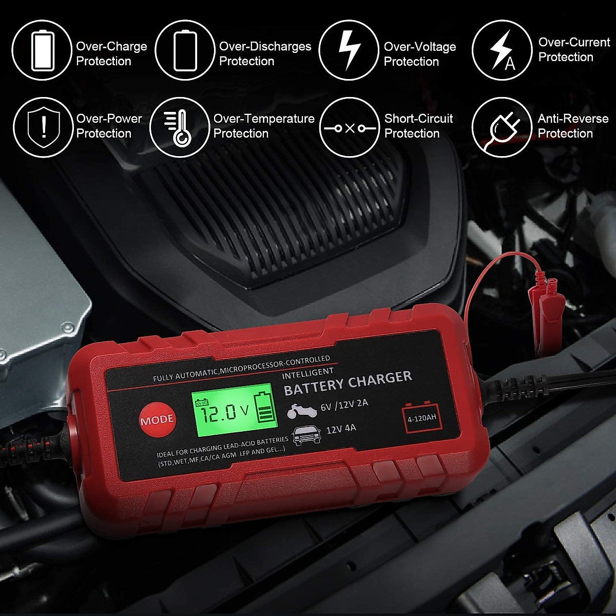 Sailnovo 4A Smart Car Battery Charger, 6V 12V Automotive Charger Maintainer Fully Automatic 8-Stages Trickle Charger for Automotive Motorcycle Car Battery, Portable 4A Car Battery Charger 6V 12V