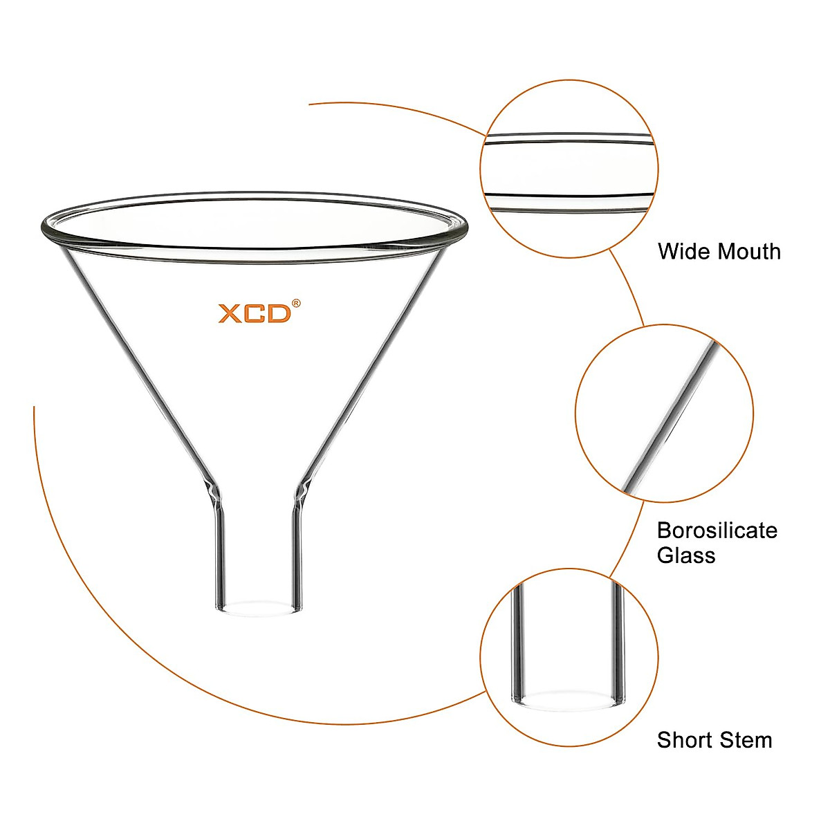 XCD Glass Powder Funnel, Borosilicate Glass Heavy Wall Short Stem Funnel with 120 mm Top Diameter and 22 mm Stem Diameter for Precise Powder Transfers in Laboratory